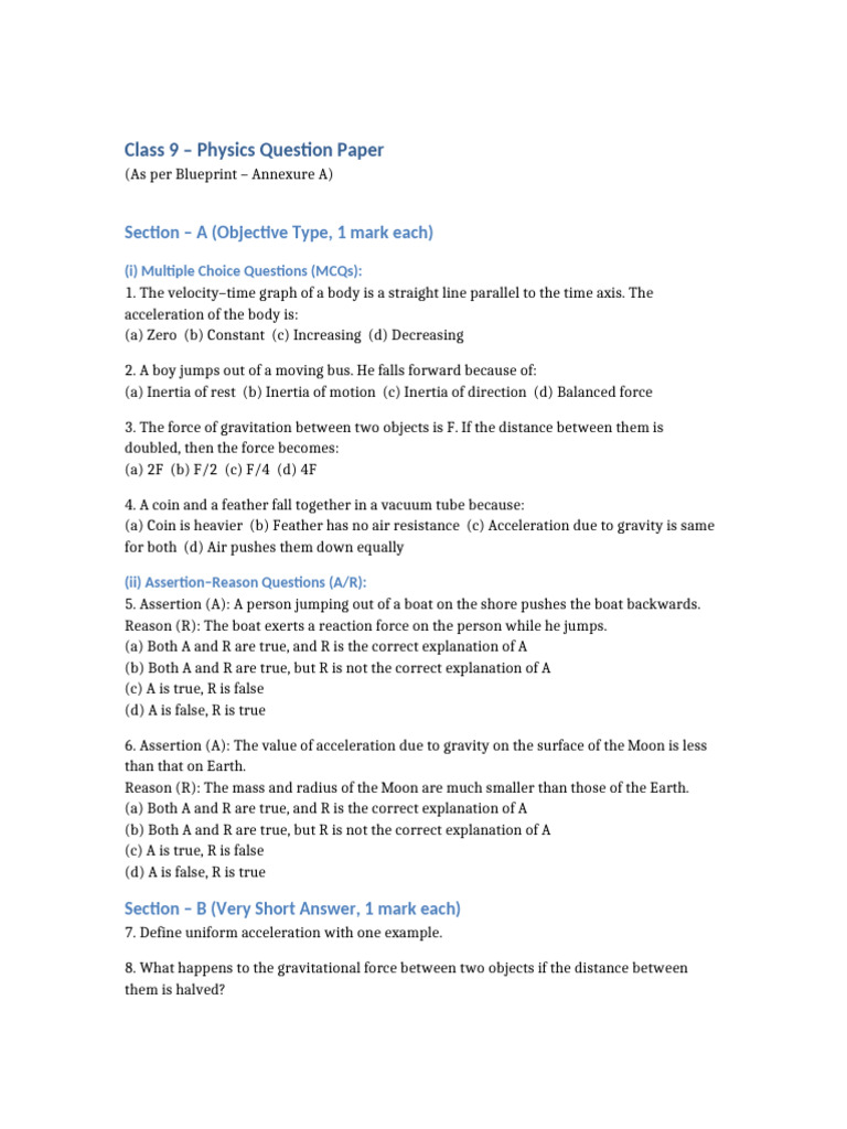 Class9 Physics QuestionPaper | PDF | Force | Acceleration