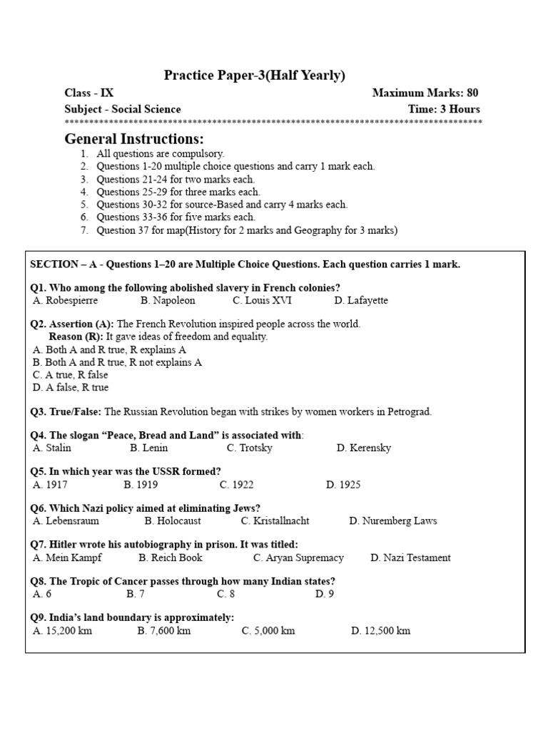 Class 9 - SST-Practice Paper-3 (Half Yearly) | PDF