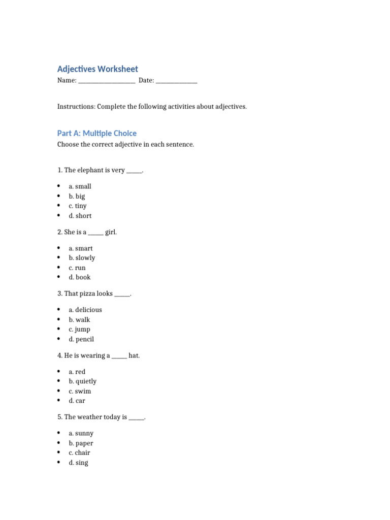 Adjectives Practice Worksheet | PDF