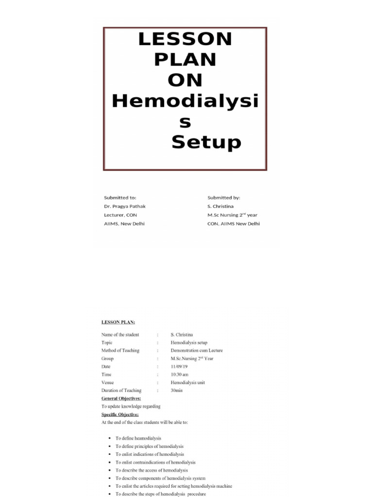 Hemodialysis Setup Lesson Plan | PDF