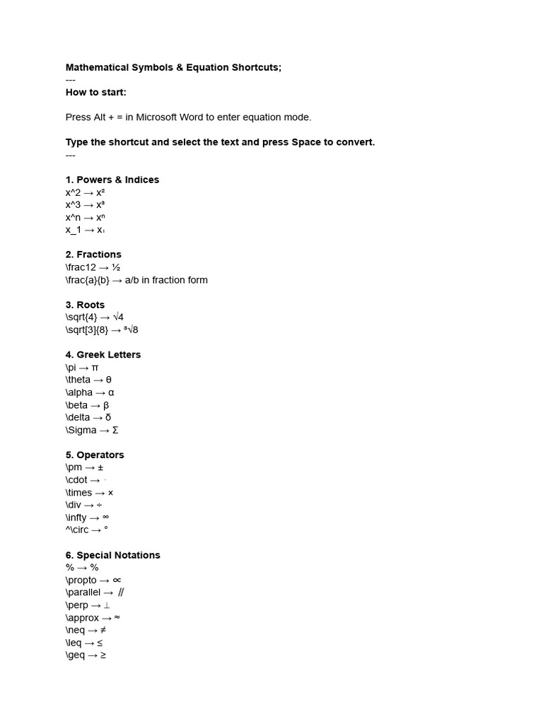 Math Symbols Shortcuts in Word | PDF