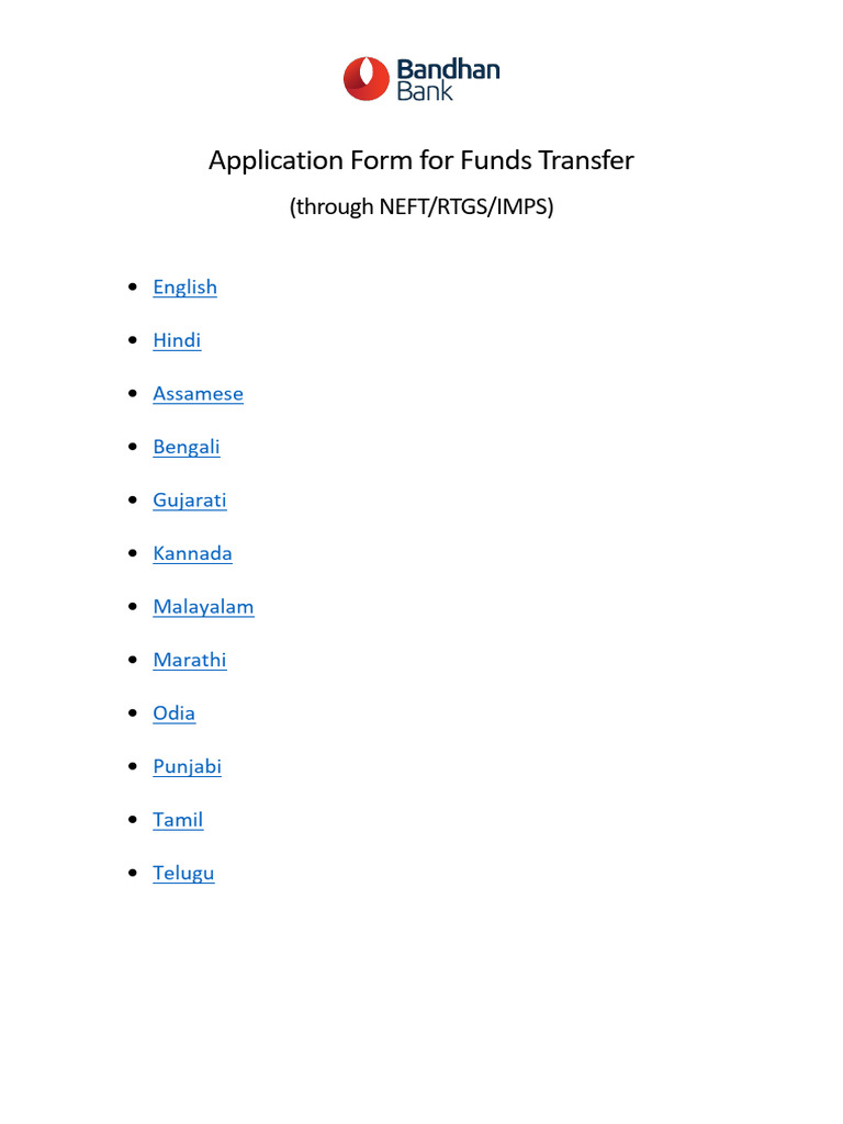 Application Form For Funds Transfer NEFT RTGS IMPS Languages 090625 | PDF