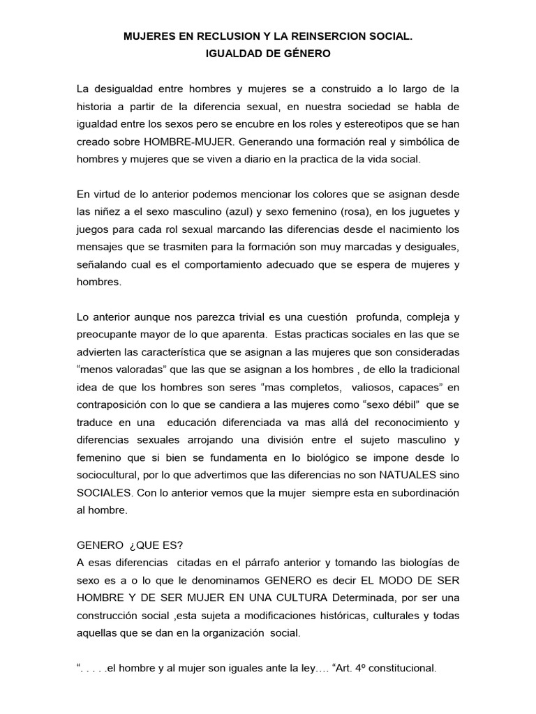 Mujeres en Reclusion Y La Reinsercion Social. Igualdad de Género | PDF ...