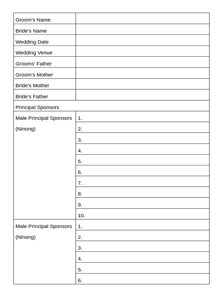 Wedding Entourage List Template | PDF