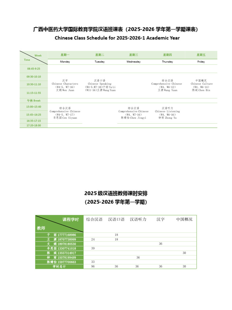 Chinese Class Schedule For 2025-2026-1 Academic Year | PDF