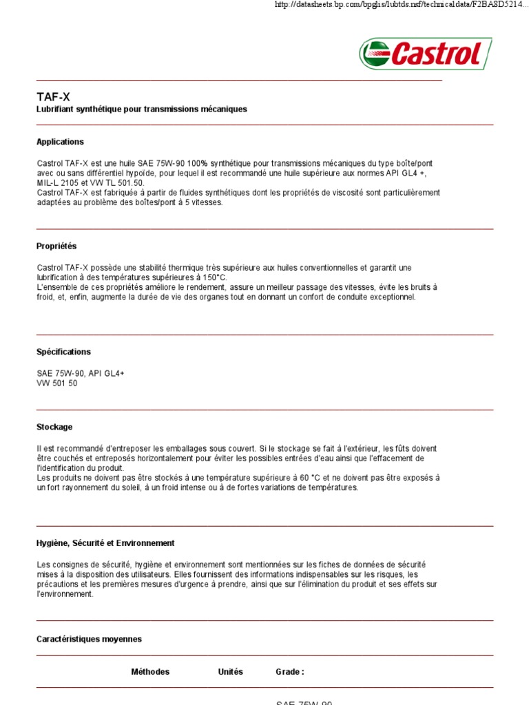 Lubrifiant Castrol TAF-X 75W-90 | PDF | Stockage de l'énergie ...