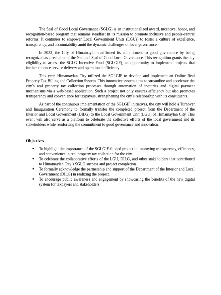 The Seal of Good Local Governance Rationale | PDF