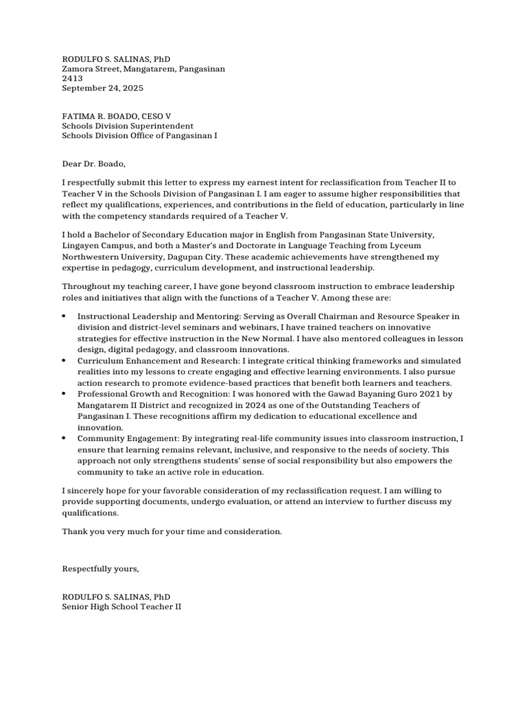 Teacher II to V Reclassification Request | PDF | Teachers | Pedagogy