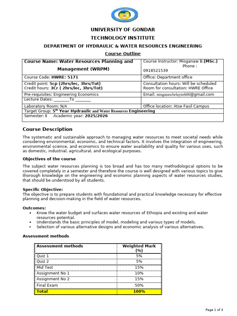 Course Outline Water Resources Planning and Management 2018 BD | PDF