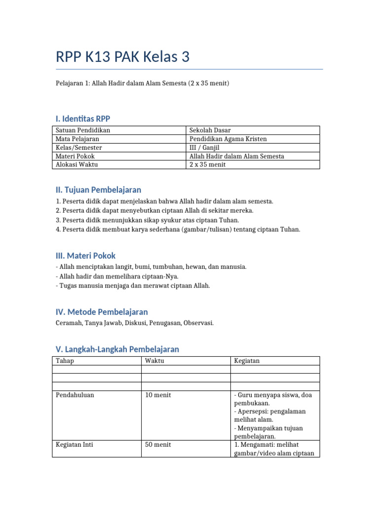 RPP PAK Kelas3 Allah Hadir Dalam Alam Semesta | PDF