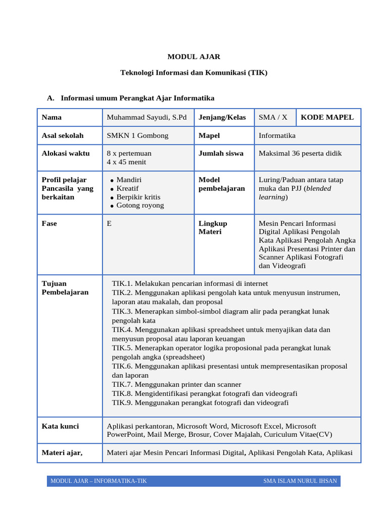 Modul Ajar Tik Kls X SMK | PDF