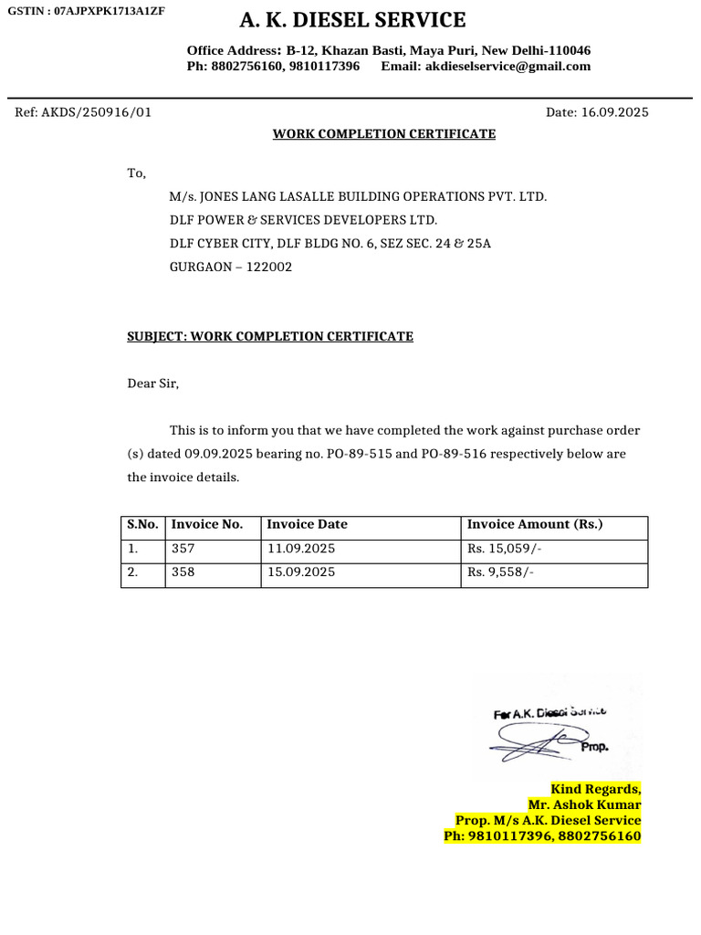 Work Completion Certificate from A.K. Diesel Service | PDF