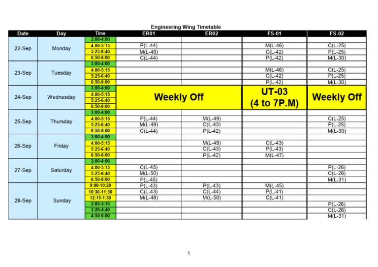 Weekly Off UT-03 (4 To 7P.M) Weekly Off: Engineering Wing Timetable | PDF