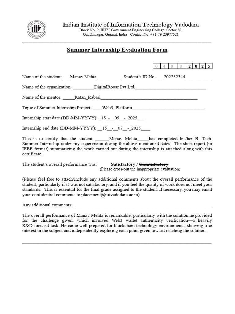 IIIT Vadodara - Summer Internship Evaluation Form - 2025 | PDF ...