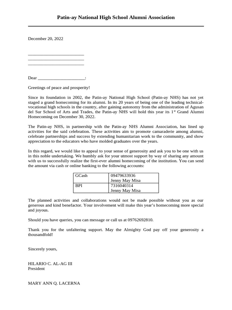 Solicitation Letter Alumni Homecoming | PDF