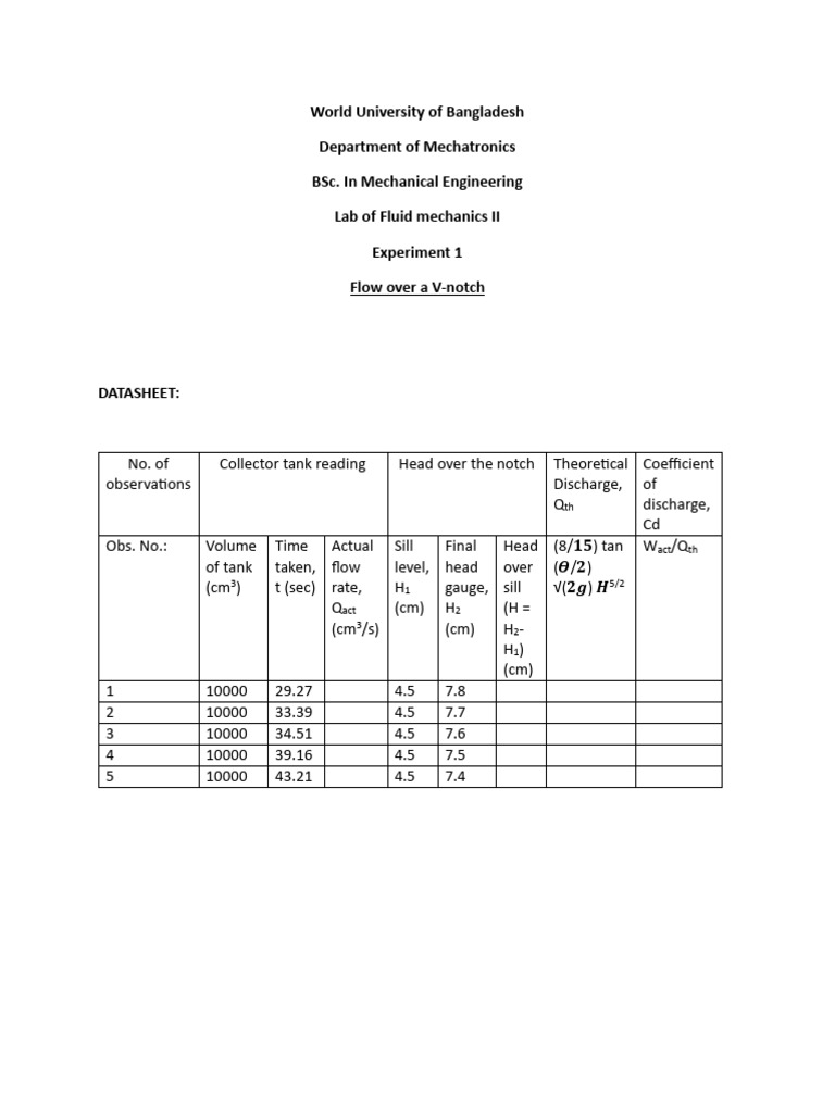 V-Notch Flow Experiment Data Analysis | PDF