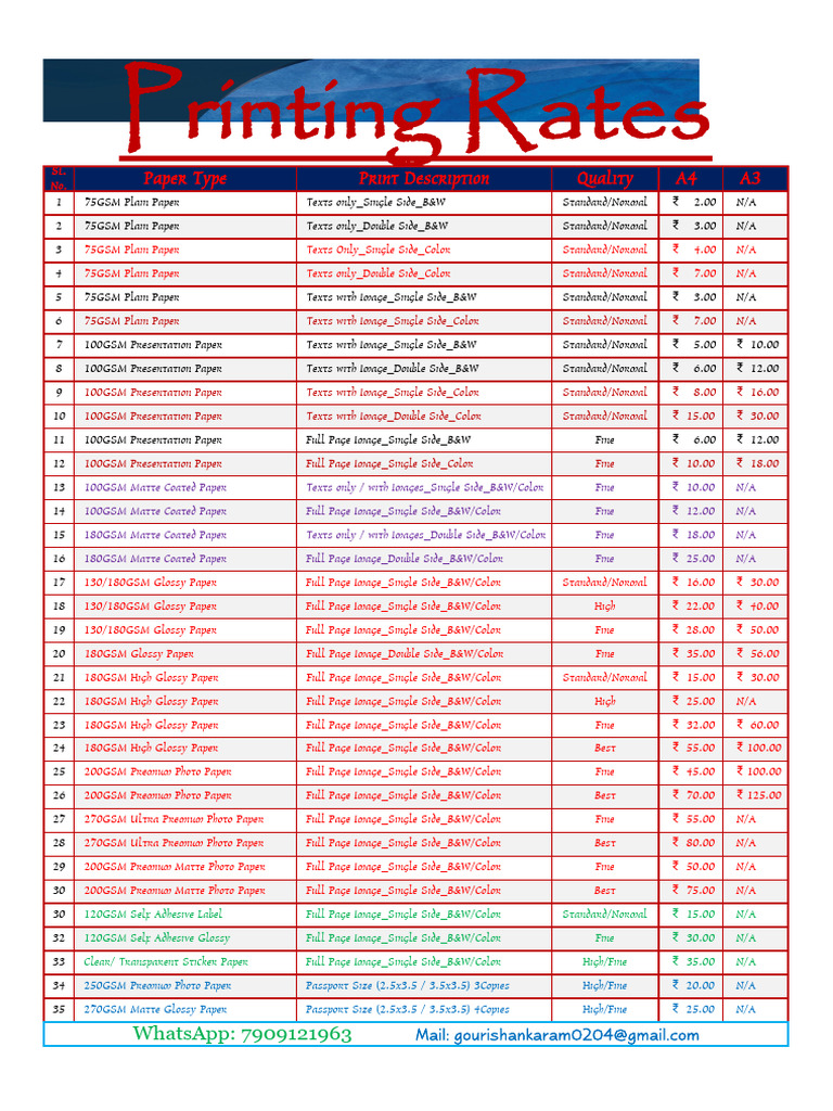 Printing Rates for Various Paper Types | PDF | Paper | Graphic Design