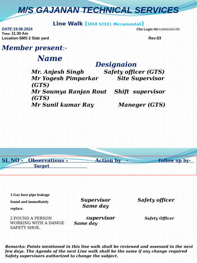 TATA Steel Line Walk Safety Report | PDF
