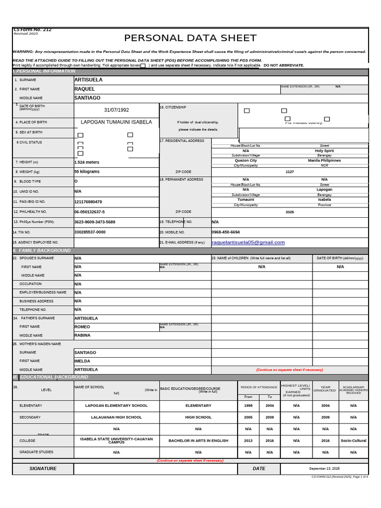 CS Form 212 Personal Data Sheet 2025 | PDF