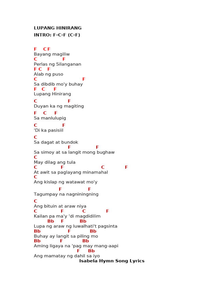 "Lupang Hinirang & Isabela Hymn Lyrics" | PDF