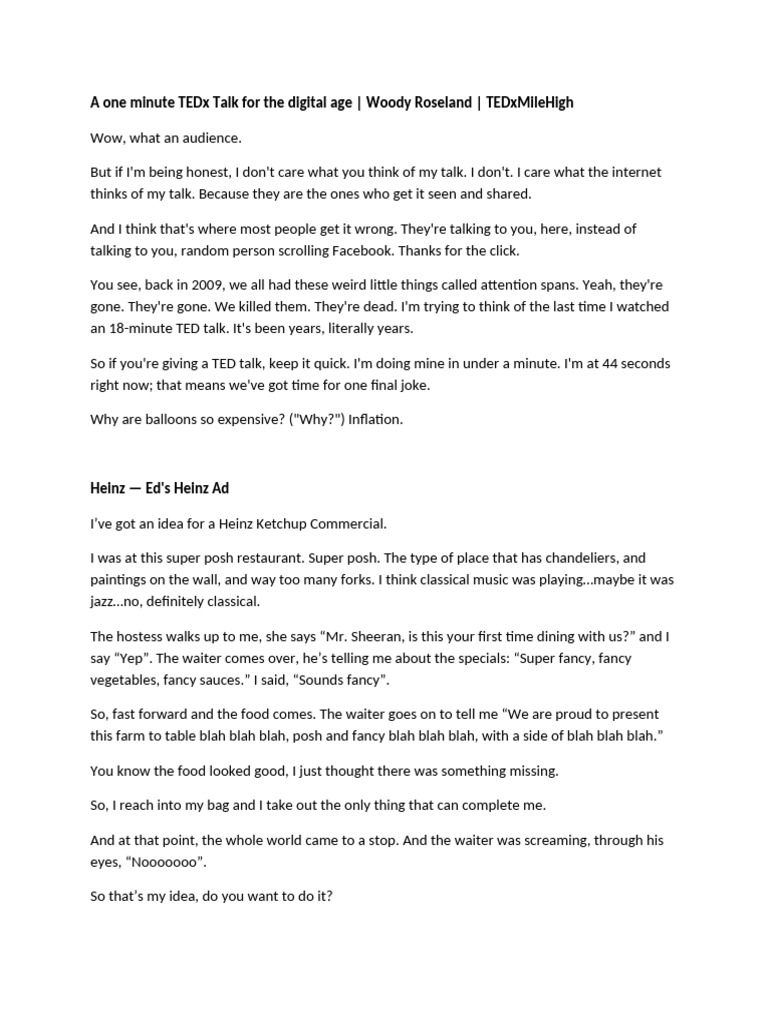 Short Casual Texts (Short TEDx Talk, Ed Sheeran Heinz Ad) | PDF