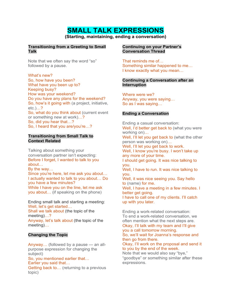 Start, Maintaining, Ending Small Talks Methods | PDF | Human Communication