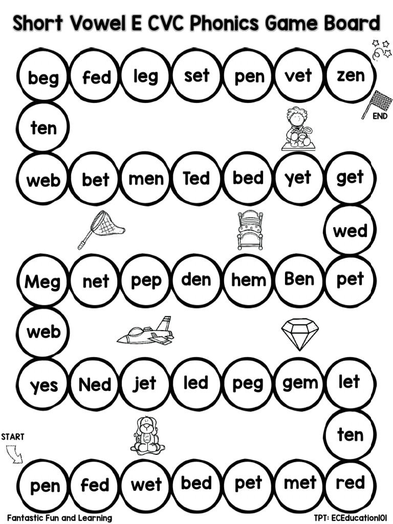 Short Vowel E CVC Phonics Game Board: Beg Fed Leg Set Pen Vet Zen | PDF