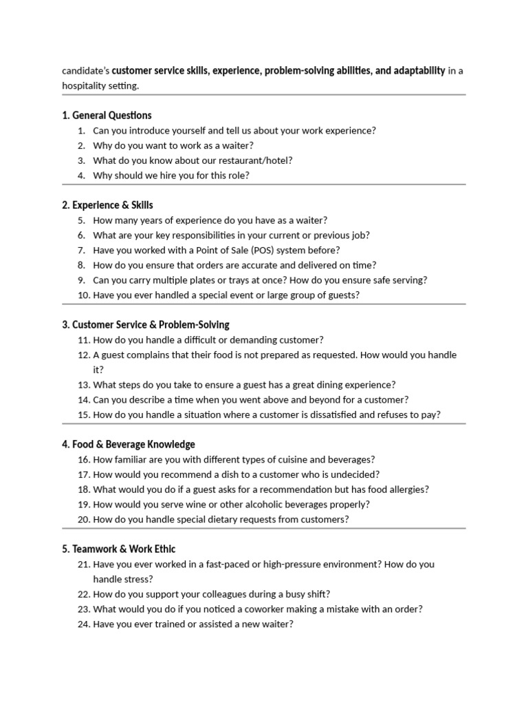 Waiter Interview Questions | PDF