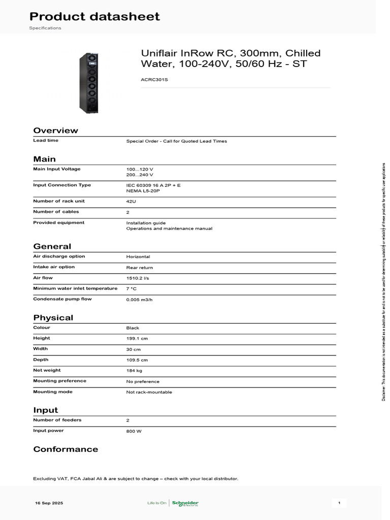 Schneider Electric Uniflair Chilled Water InRow Cooling ACRC301S | PDF