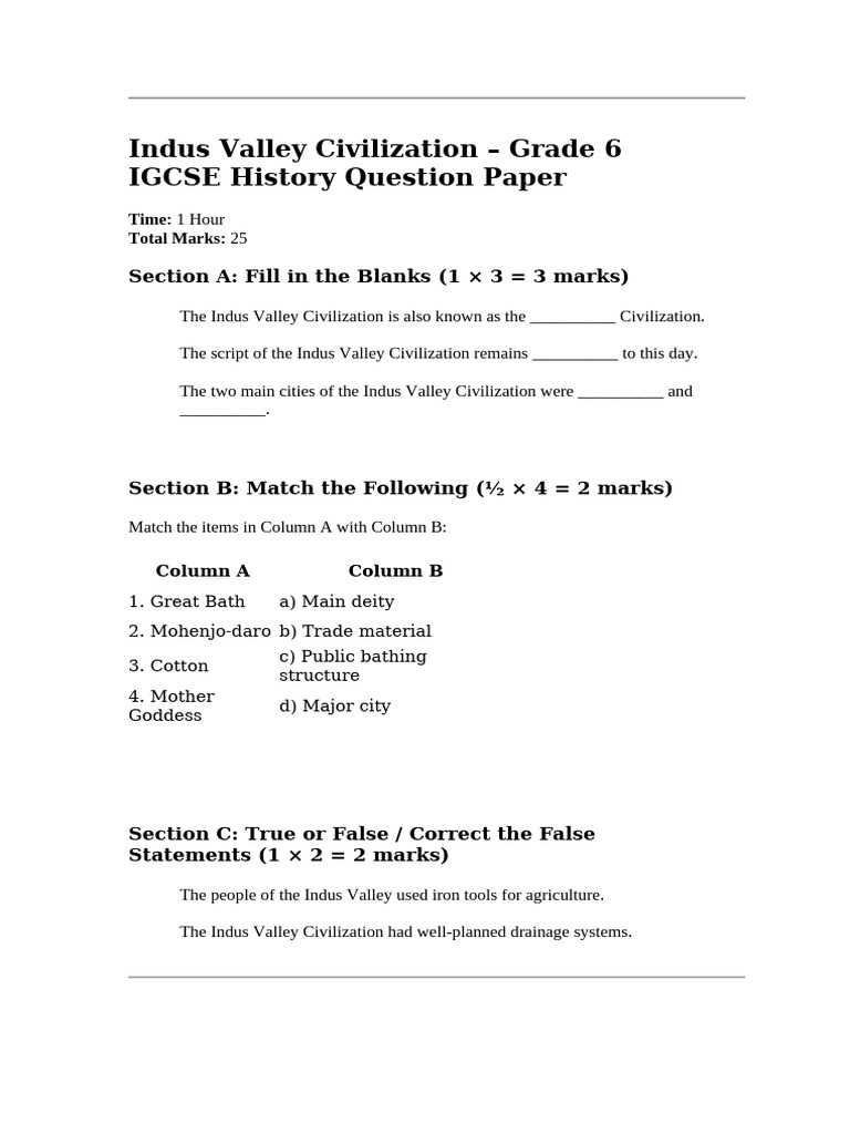 Indus Valley Civilization Quiz for Grade 6 | PDF