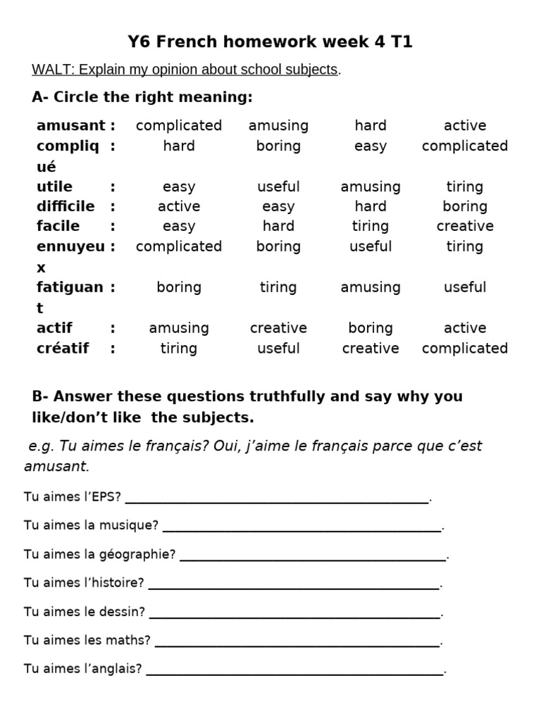 Y6 French Homework Week 4 T1 | PDF