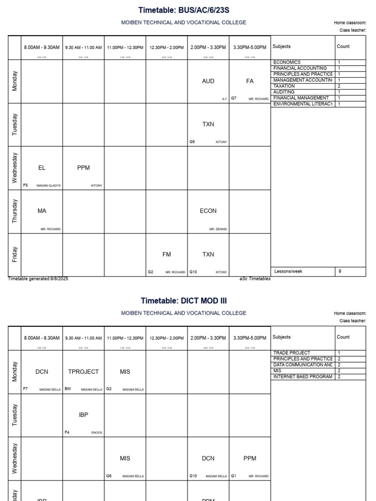 Final Timetable Each Class September Nov 2025 | PDF | Economy Related Organizations