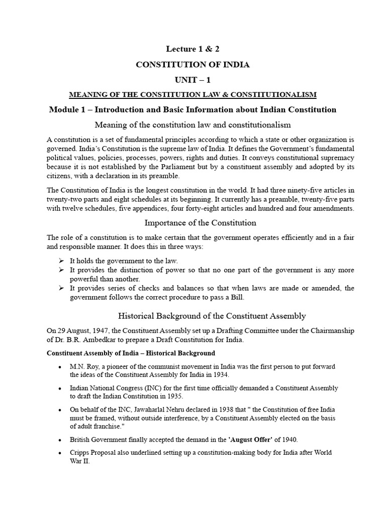 Constitution of India Unit 1 | PDF | Partition Of India | Government