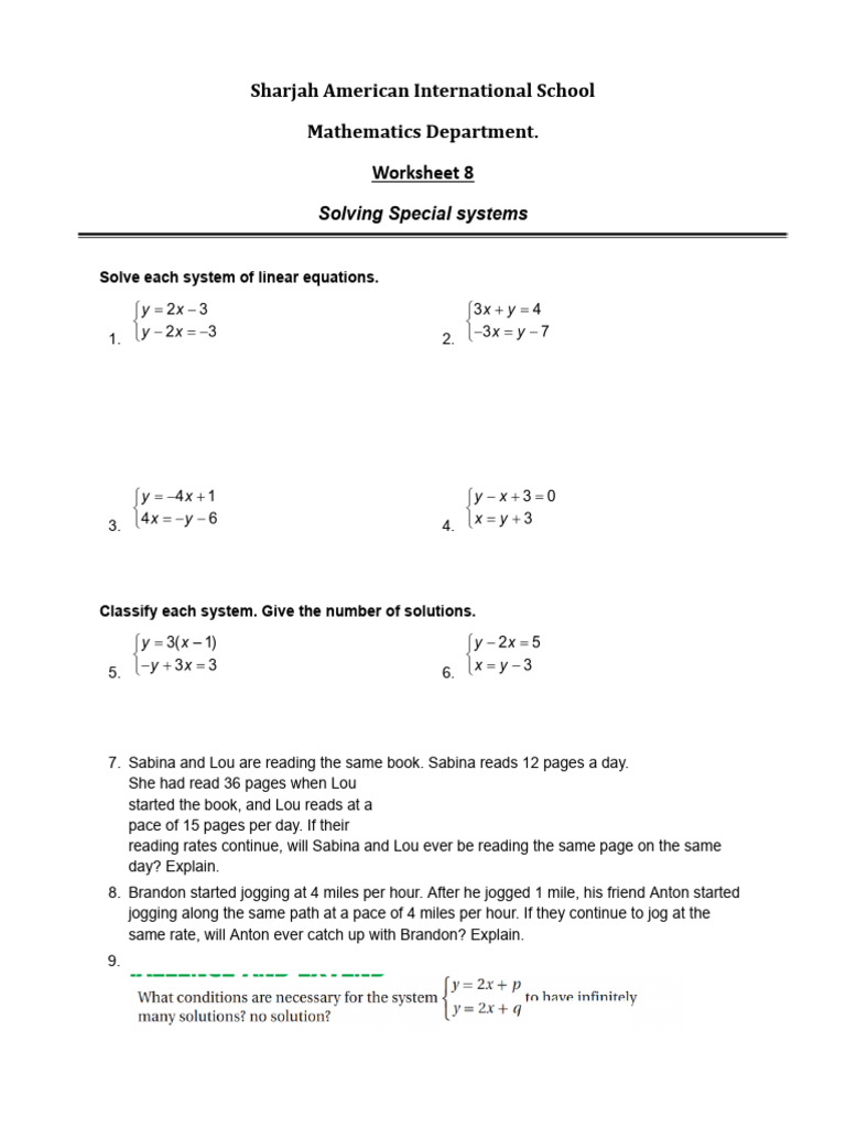 Worksheet 8 Solving Special Systems | PDF
