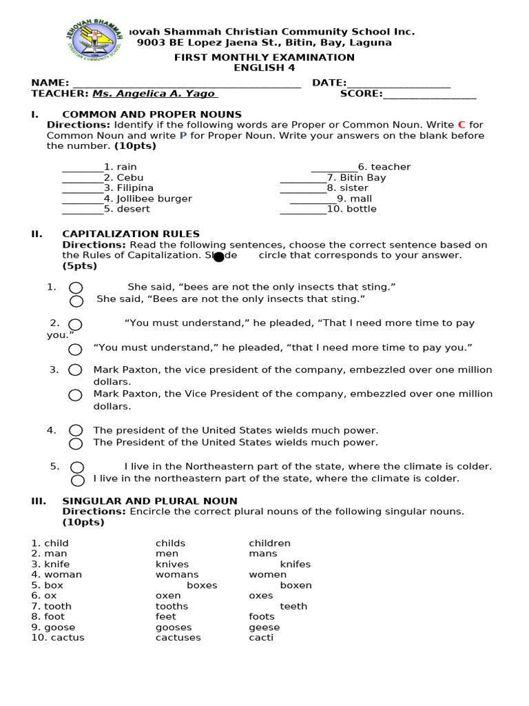 English 4 Monthly Exam Guide | PDF | Plural | Noun