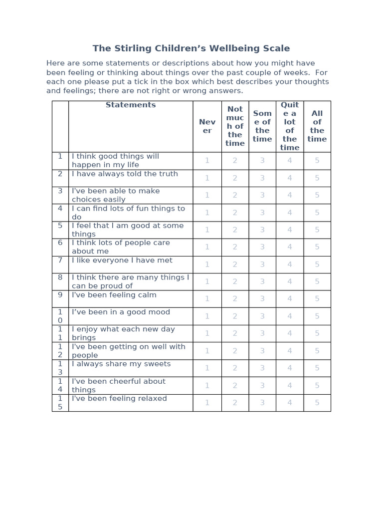 The Stirling Children S Wellbeing Scale | PDF | Well Being | Psychology