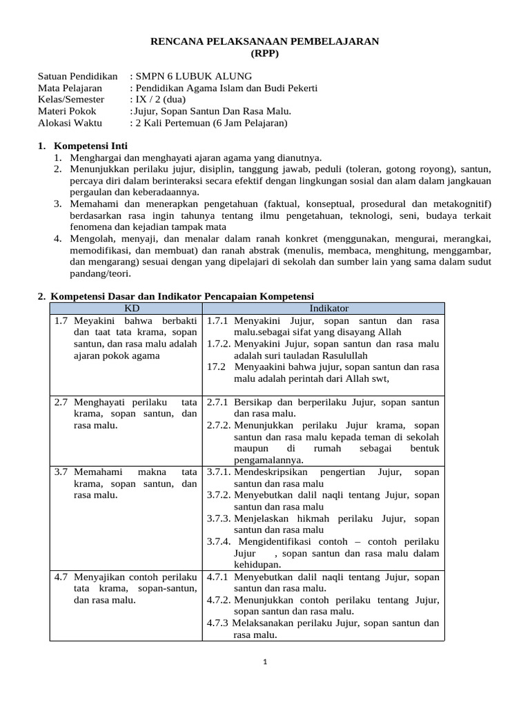 RPP PAI K9 K13 - Jujur, Sopan Santun Dan Rasa Malu | PDF