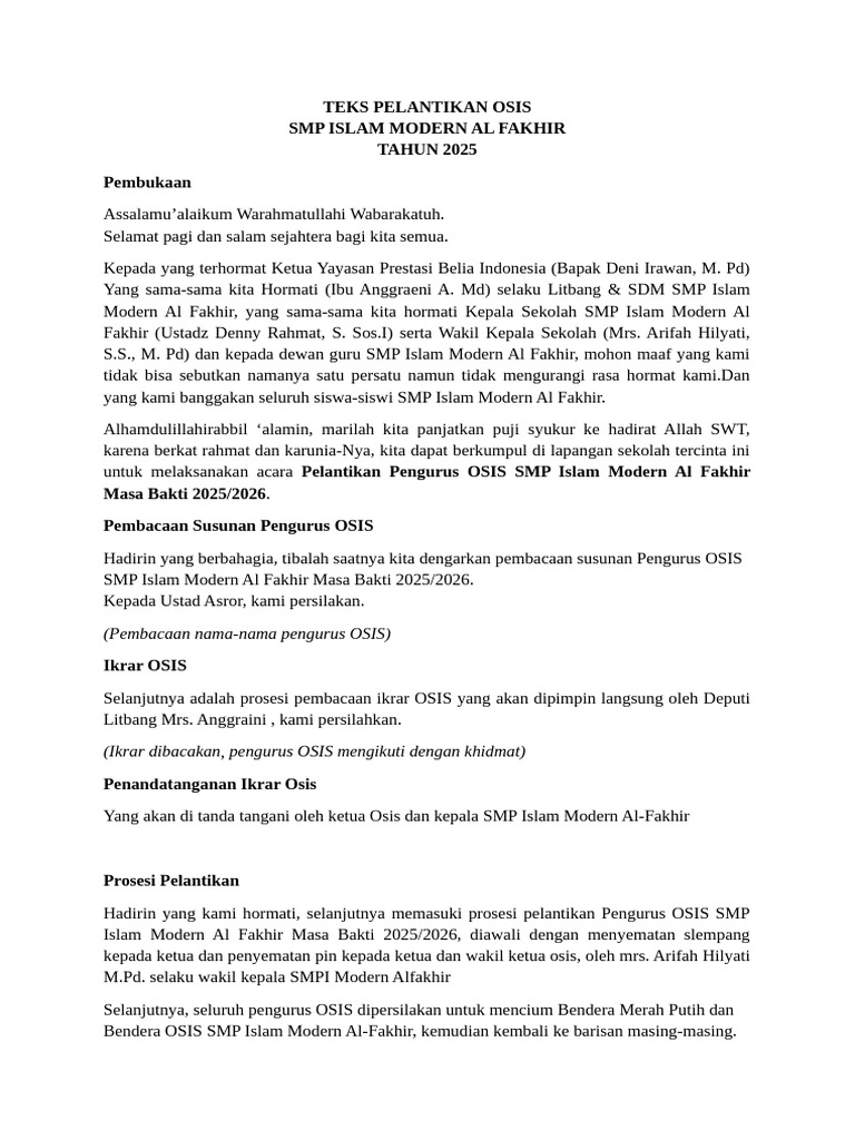 Teks Apel Pelantikan Osis Al Fakhir | PDF