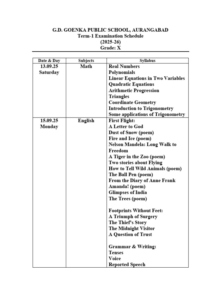 Grade-X (Mid Term Syllabus and Date Sheet) | PDF | Equations | Mathematics