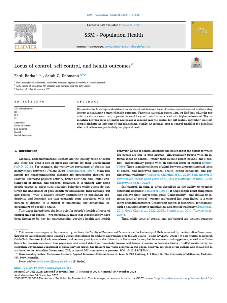 Locus of Control, Self-Control, and Health Outcomes | PDF | Self ...