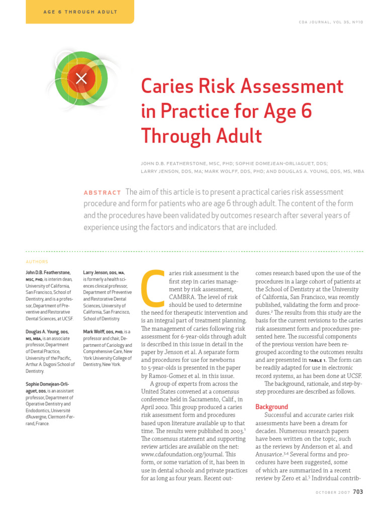Caries Risk Assessment in Practice For Age 6 Through Adult Oct 2007 ...