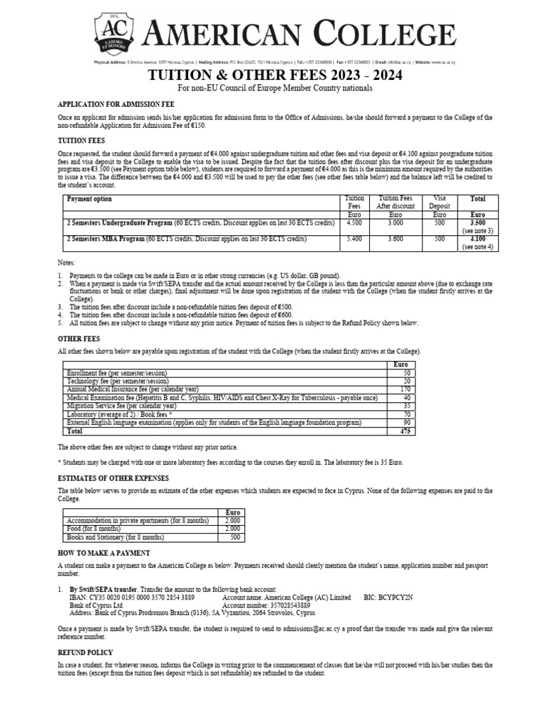 Tuition Other Fees Non EU CoE Countries 2023 2024 1 | PDF | Fee ...