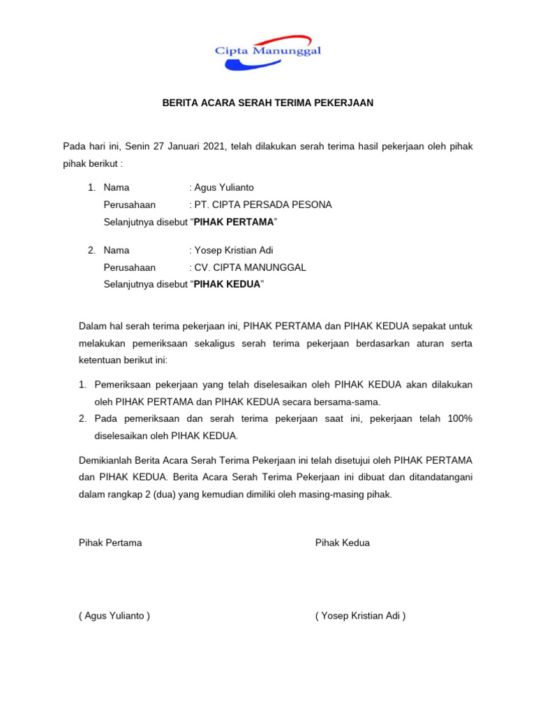 Berita Acara Serah Terima Pekerjaan | PDF