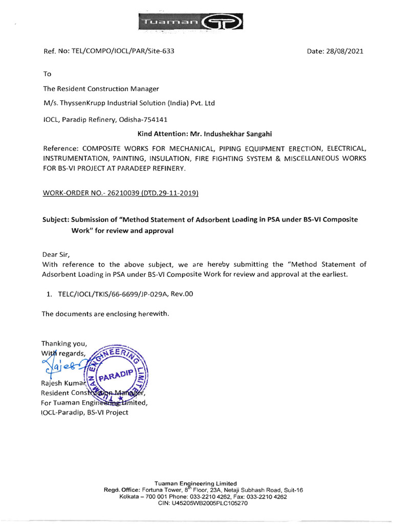 Method Statement of Adsorbent Loading in PSA | PDF | Labor Relations ...