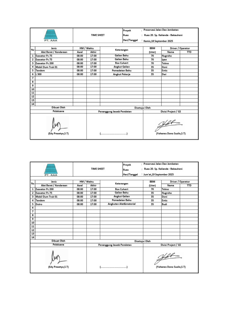 Time Sheet Minggu Ini PT - Aaa | PDF
