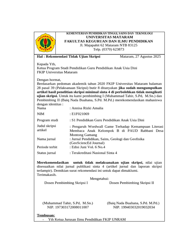 Surat Rekomendasi Tidak Ujian Skripsi Amalia 27 Agustus | PDF