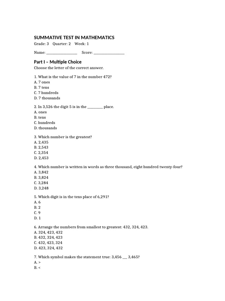 Grade 3 Math Summative Test | PDF | Chess Theory | Chess