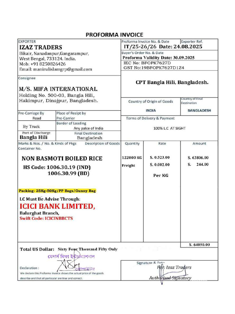 Mifa Izaz Rice 122 MT PI-26 With Application | PDF