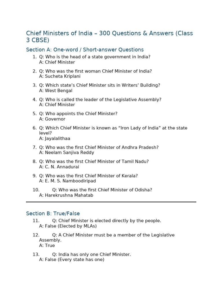 Class 3 Cbse - Topic 3 - Chief Ministers of India (300 Q&A) | PDF ...