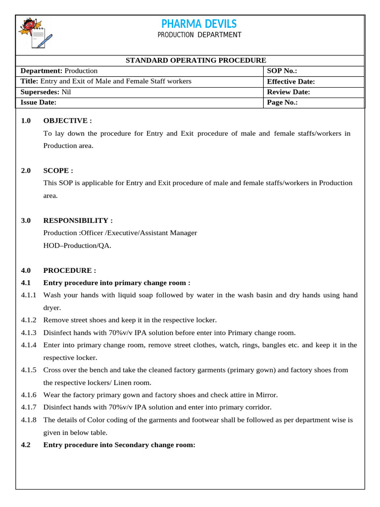 SOP For Entry and Exit Procedure of Male and Female Staff Workers in ...